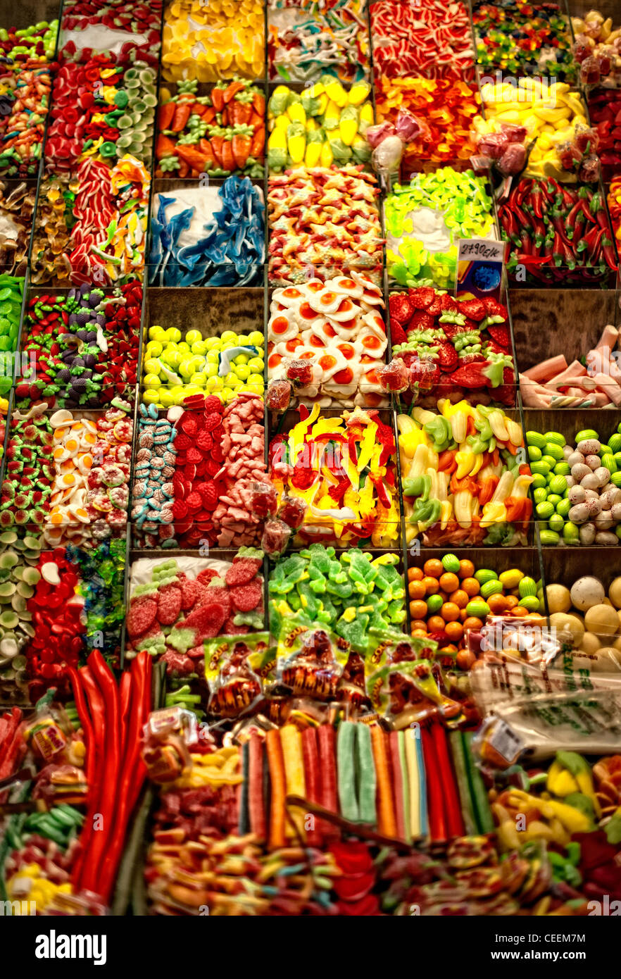 A sweet stall at a market in Barcelona Stock Photo - Alamy