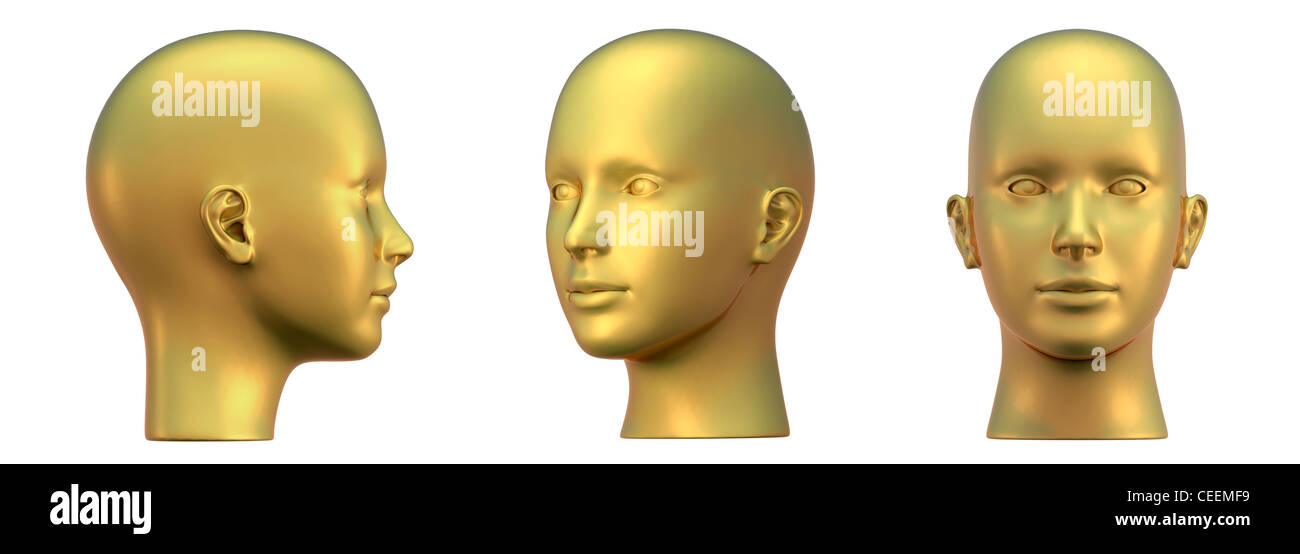 Gold head in three projections, isolated over white Stock Photo - Alamy