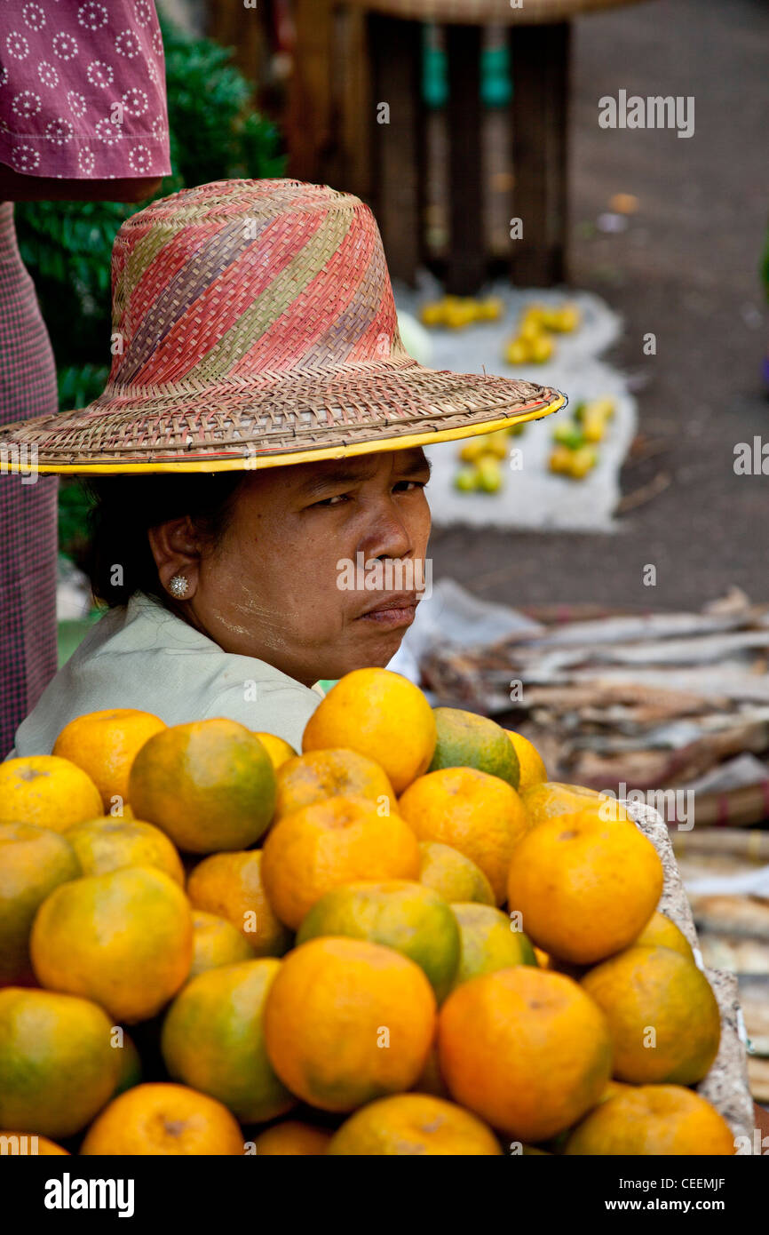 Burmese woman fruit seller, Burma, Myanmar, South East Asia Stock Photo ...