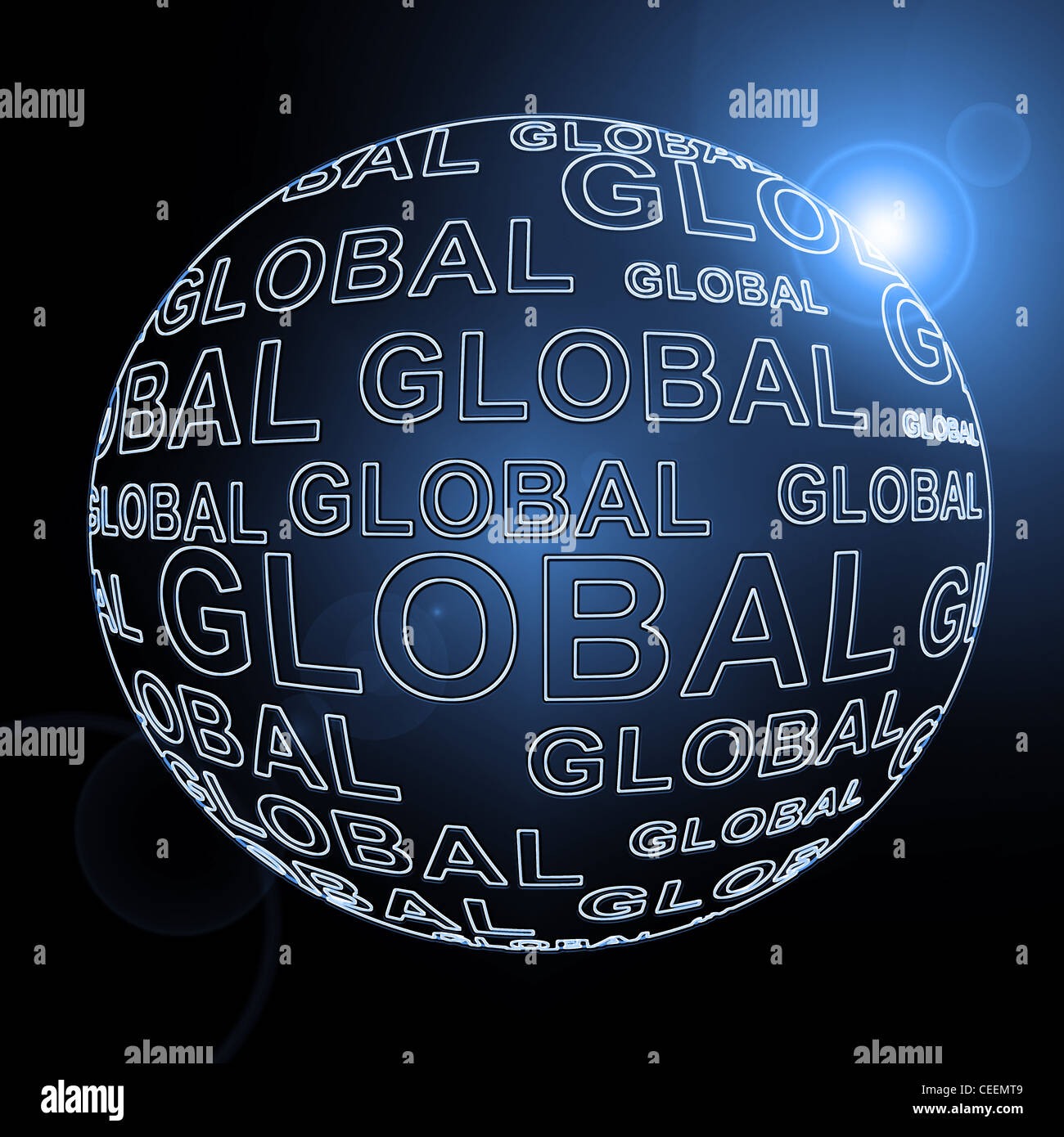 Illustration depicting a black sphere with the words 'global' arranged ...