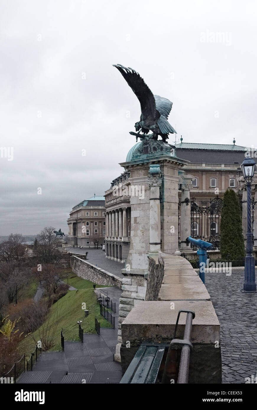 Budapest Hungary castle and the mythological Turul bird statue Stock ...
