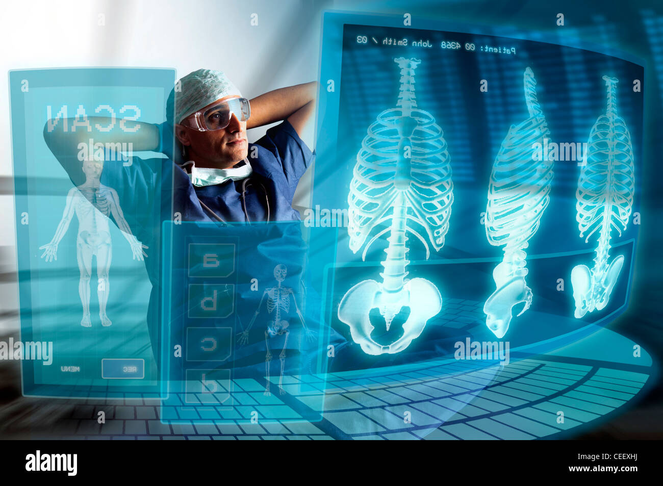 Doctor in uniform with X-rays and digital screens and keyboard Stock ...