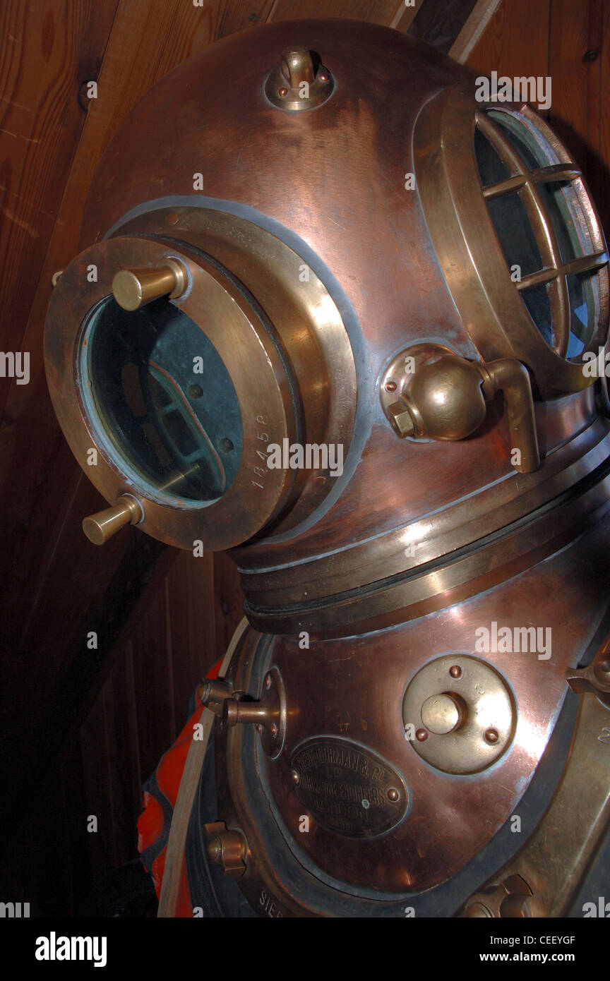 Siebe Gorman & Co copper and brass diving helmet in a museum in Iceland ...