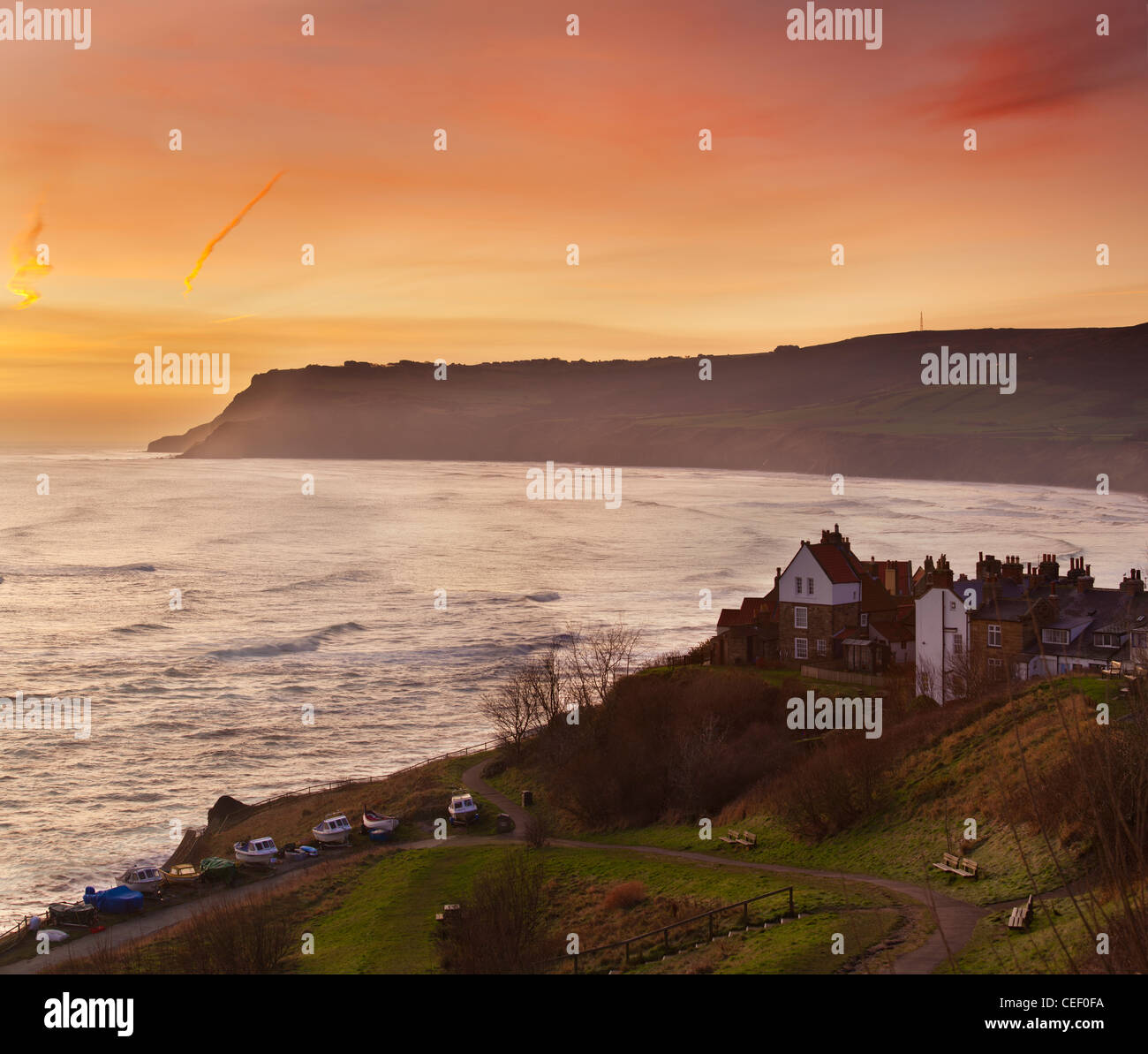 Sunrise over Robin Hoods Bay and Baytown with The Old Peak Cliff at ...