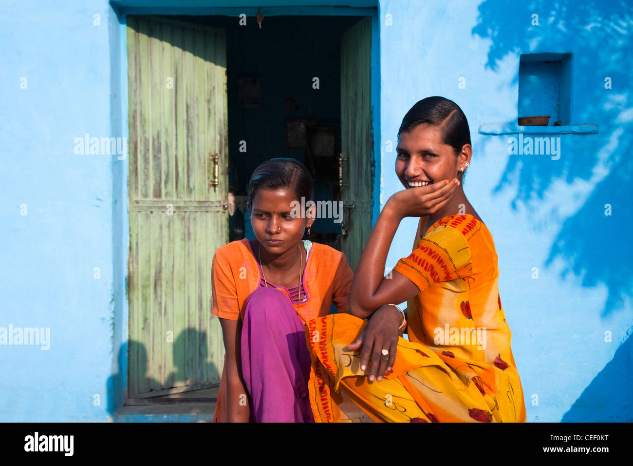 Indian people in blue painted house, Ajmer, Rajasthan, India Stock ...