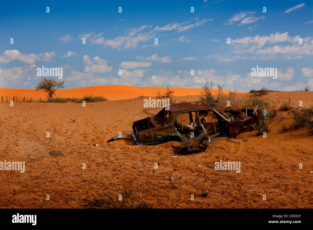 Wrecked car in the Kalahari desert near the Kagalagadi Transfrontier ...