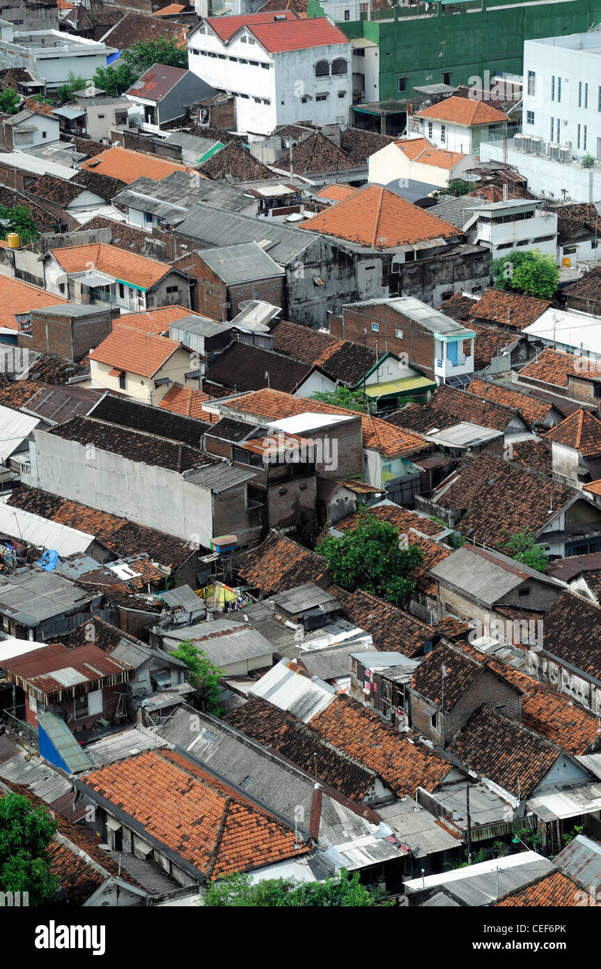 aerial rooftop view crowded houses housing living conditions squalor ...