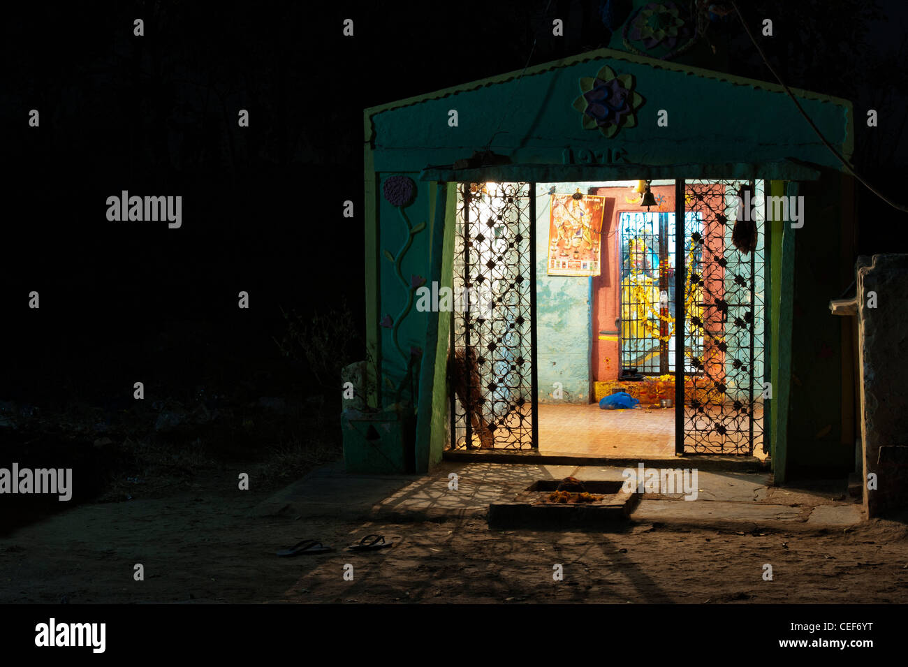 Rural Indian village roadside hindu temple at night. Andhra Pradesh ...