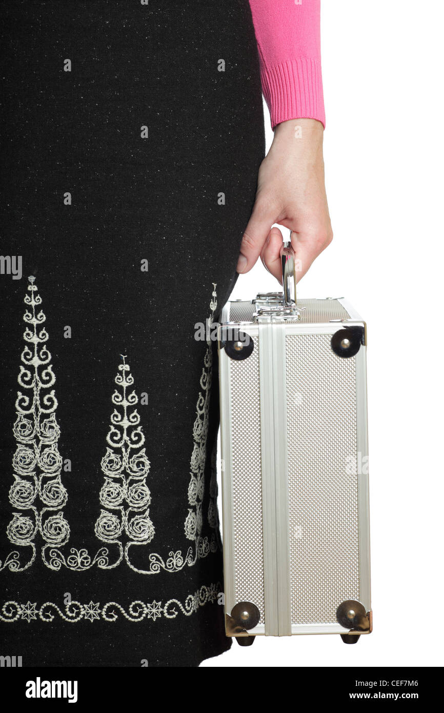 Silver case in woman hand straight skirt - isolated on white Stock ...