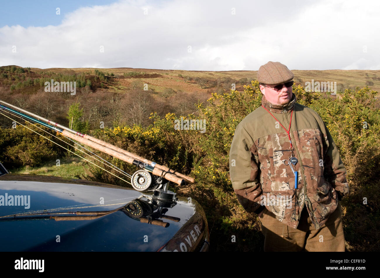Salmon Fisherman and fishing rod, River Oykel, Sutherland, Scotland, UK ...