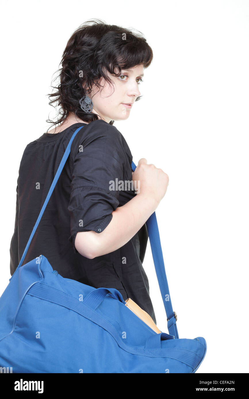 woman waving hand - goodbye in black and blue s Stock Photo - Alamy