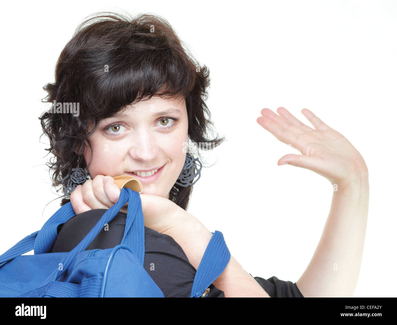 woman waving hand - goodbye in black and blue shoulder bag isolated on ...