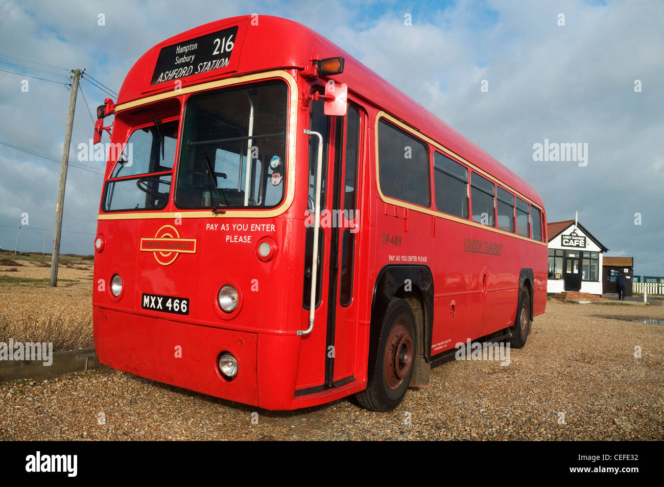 London Transport Red Bus at Dungeness Kent England UK Stock Photo - Alamy