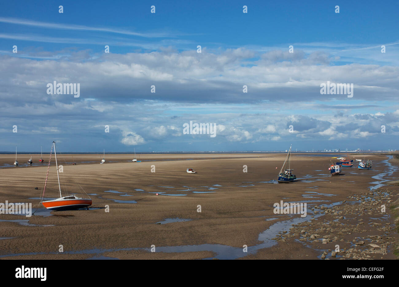 Boats stranded at low tide, Hoylake, Wirral, Merseyside, England Stock ...