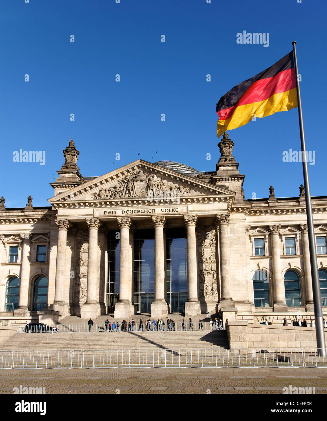 The German flag streaming in front of the German parliament building ...
