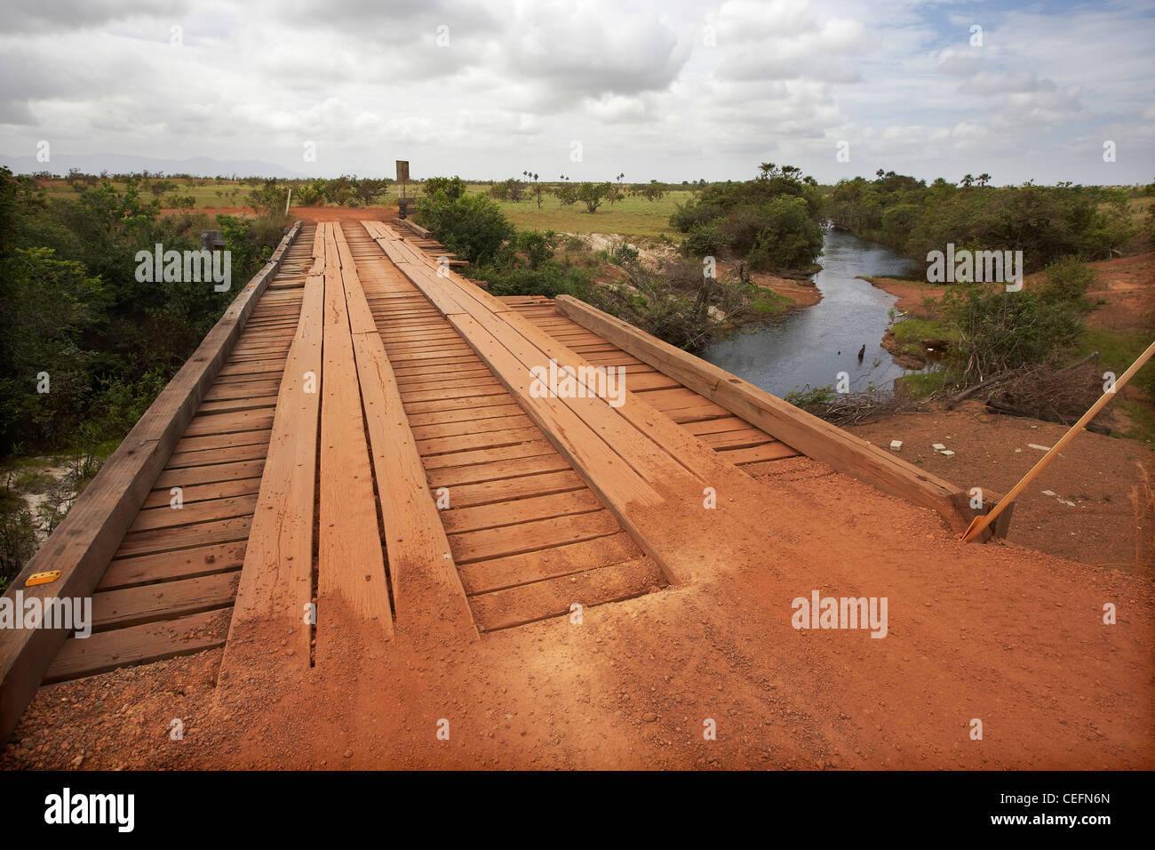 One of the many wooden river bridges in the Rupununi Savannah, Guyana ...