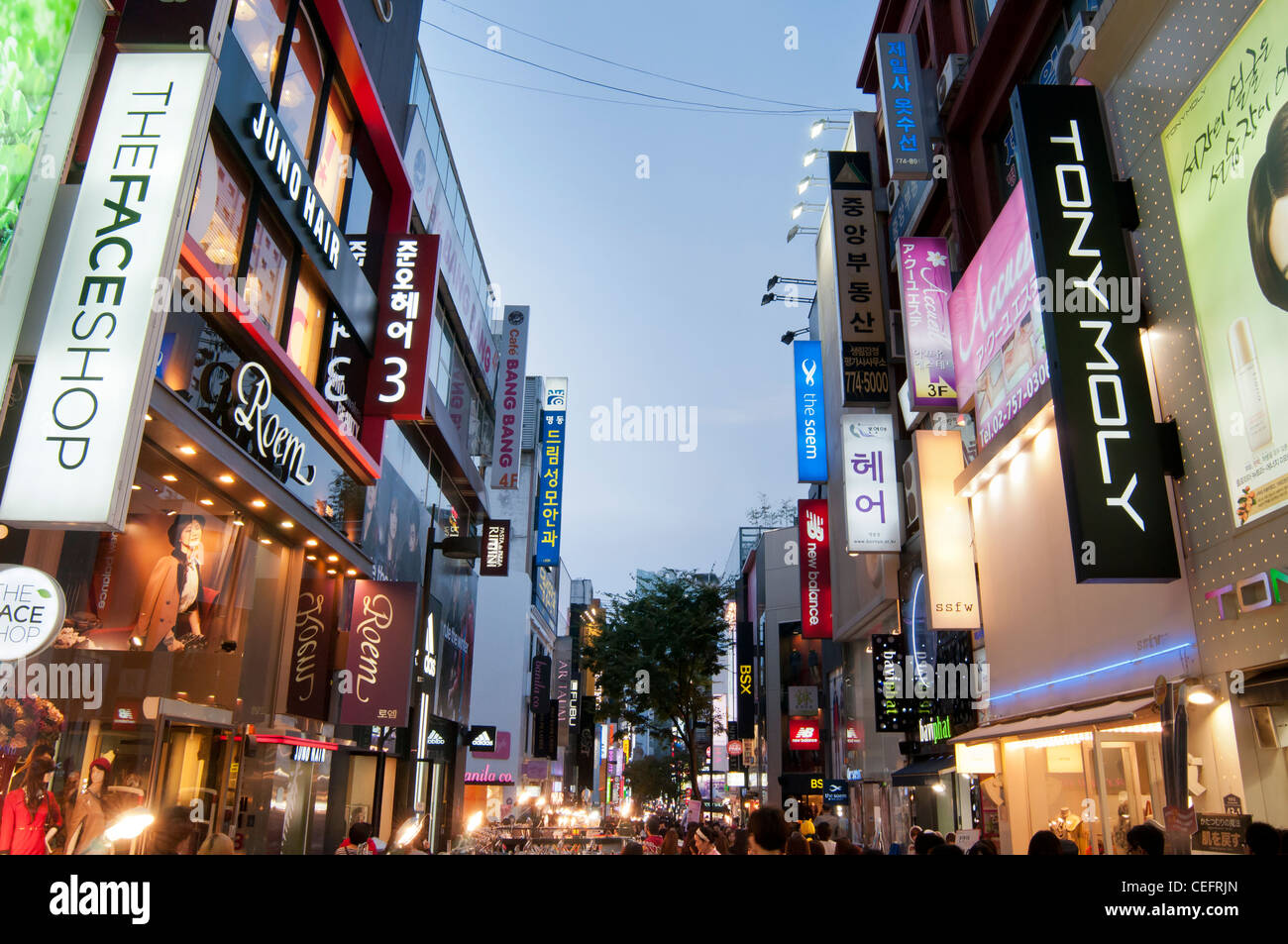 Illuminated shop signs in the evening in the popular shopping district ...