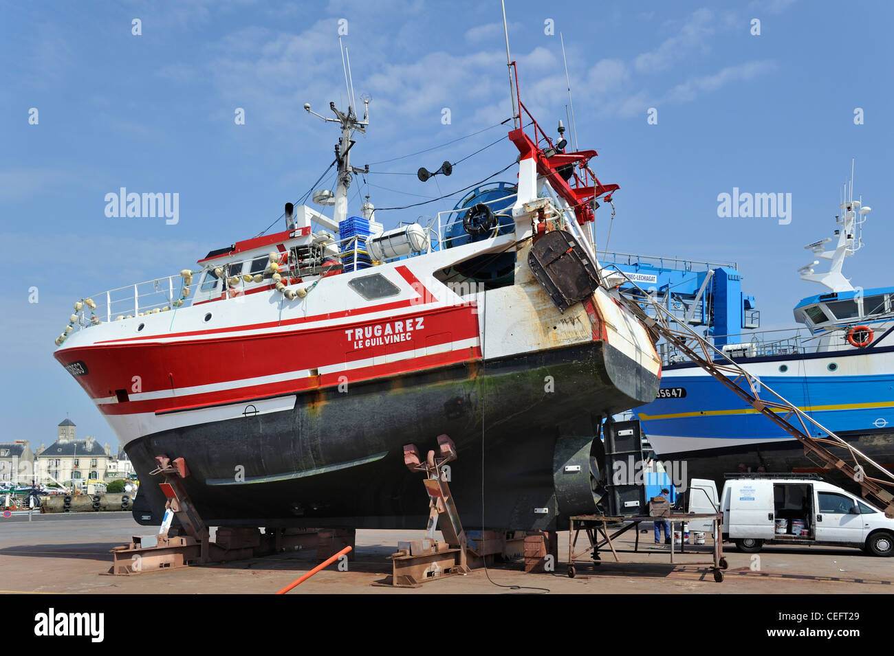 Trawler fishing boats on shipbuilding yard for maintenance works in the ...