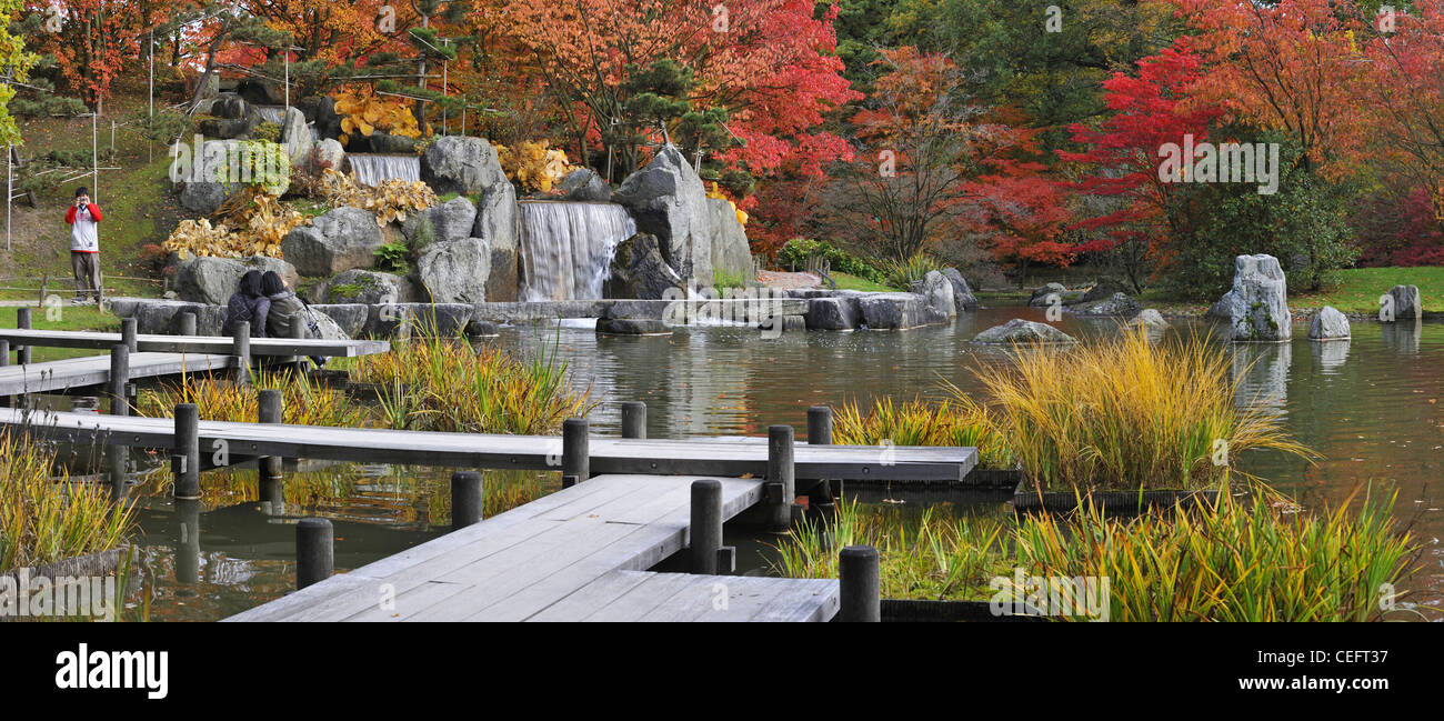 Tourists on walkway over pond with waterfall and maple trees in ...