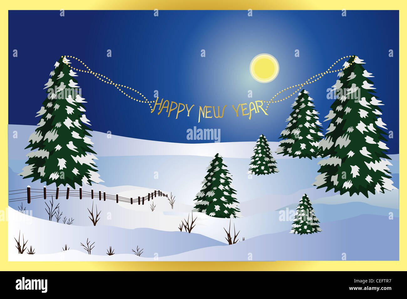 Winter landscape with golden frame, pearls and text "Happy New Year ...