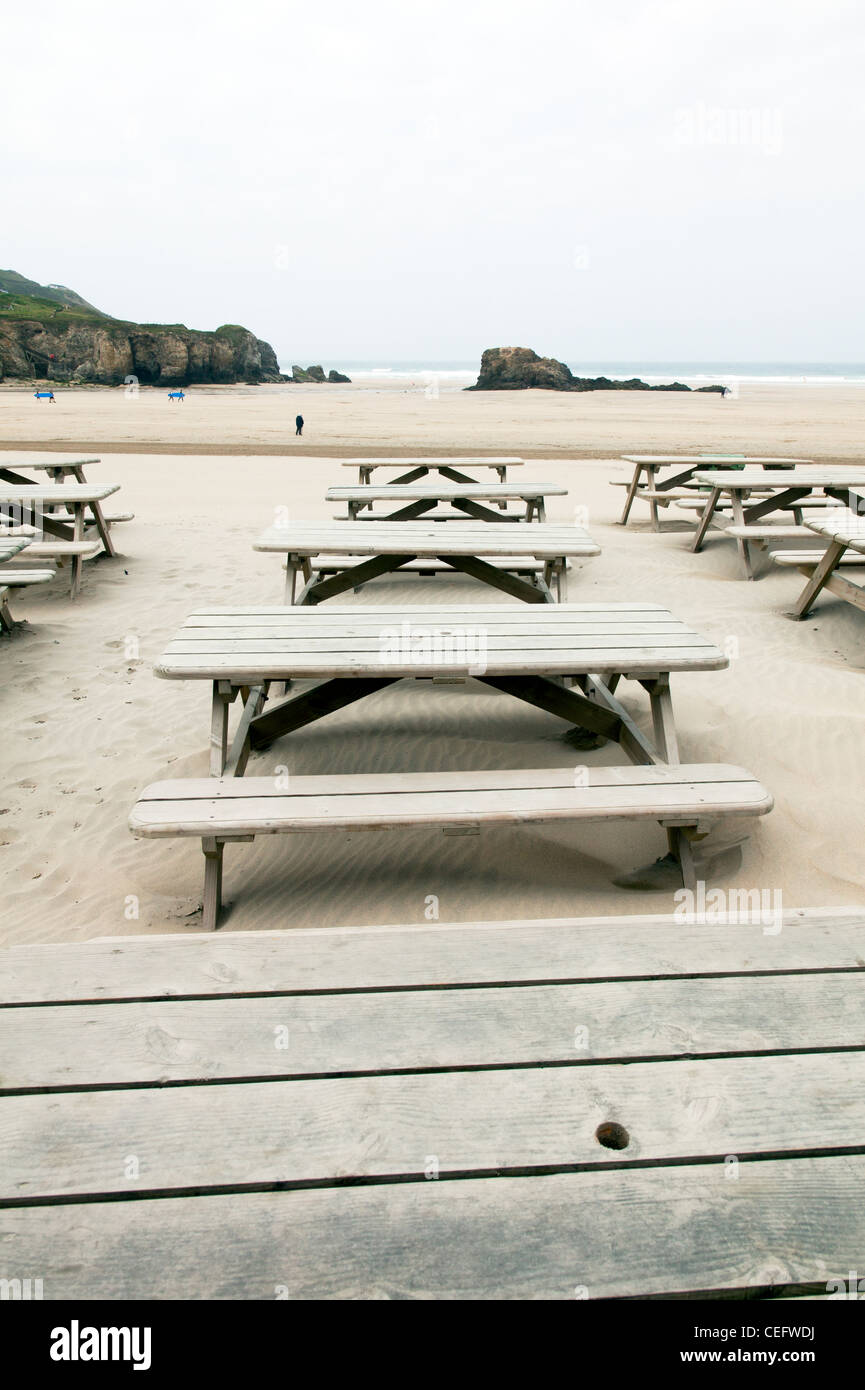 Perranporth, Cornwall, England the tables at The Watering Hole Bar, Pub ...