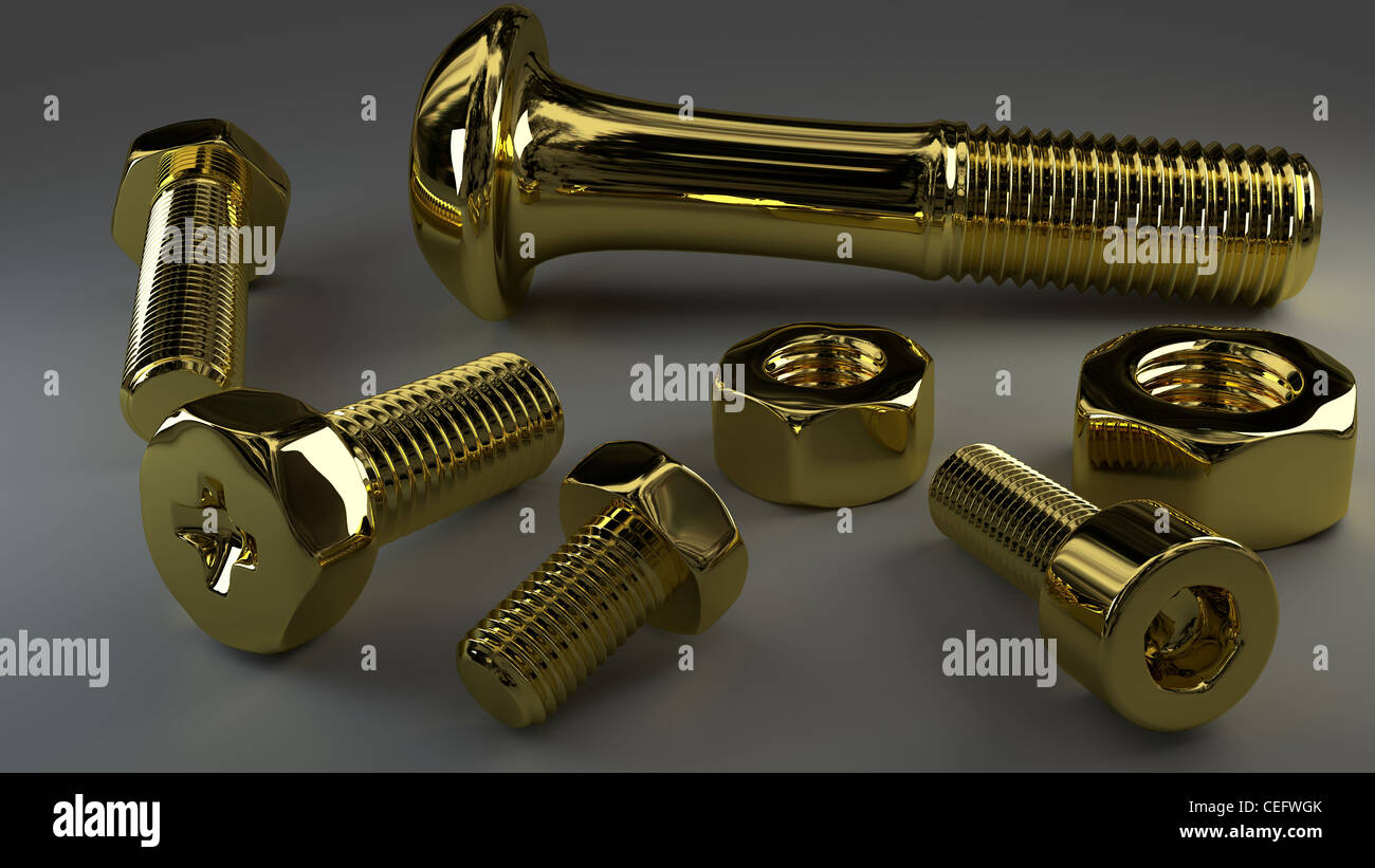 gold bolts and nuts still life Stock Photo - Alamy