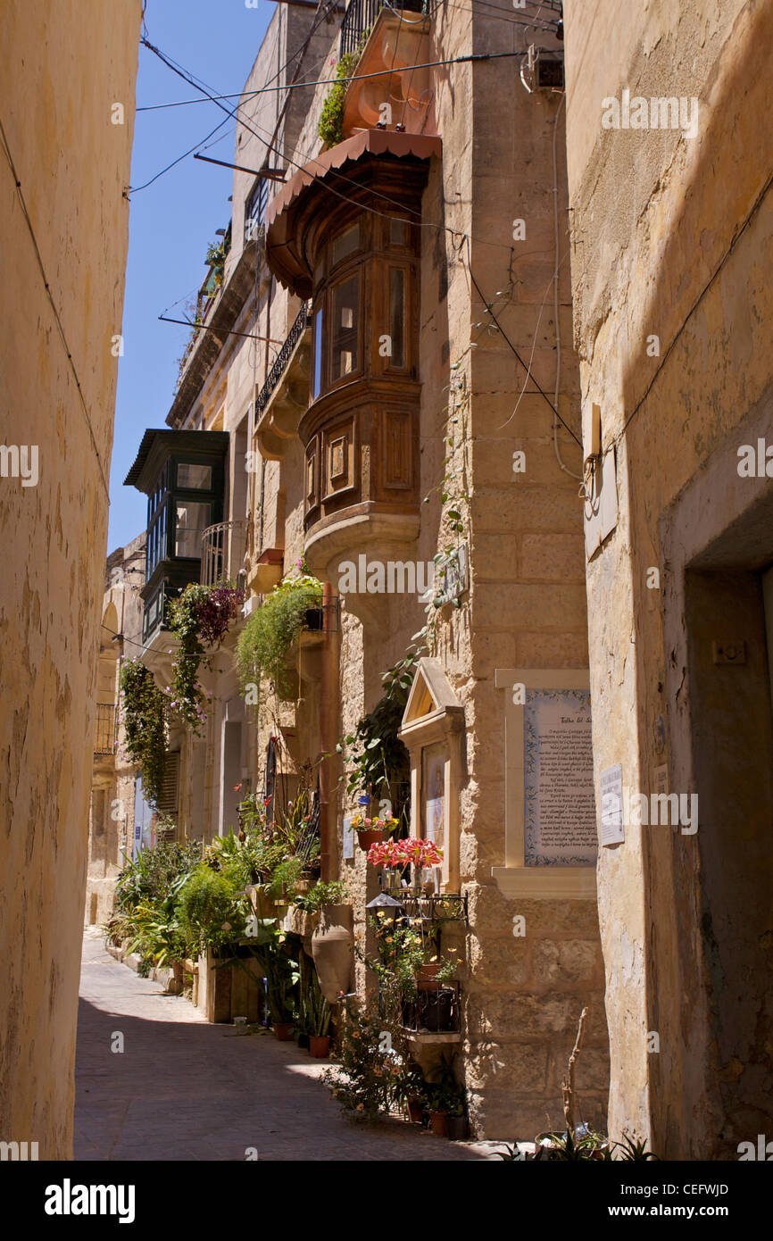 Narrow pedestrian street in Rabat with traditional wooden balconies and ...