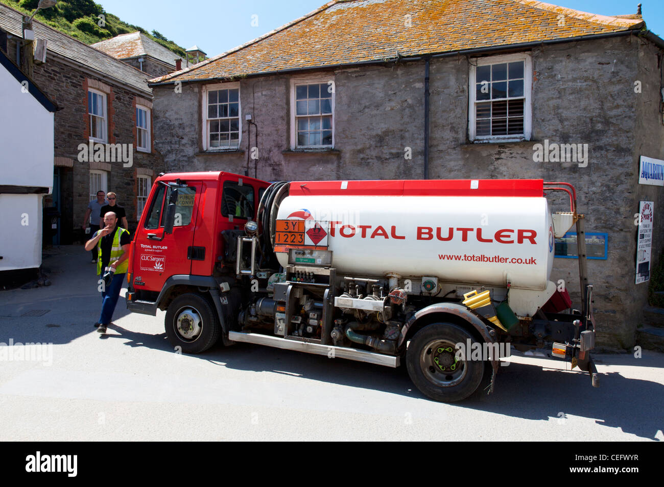 Port Isaac, Cornwall, England petrol petroleum delivery lorry truck in ...
