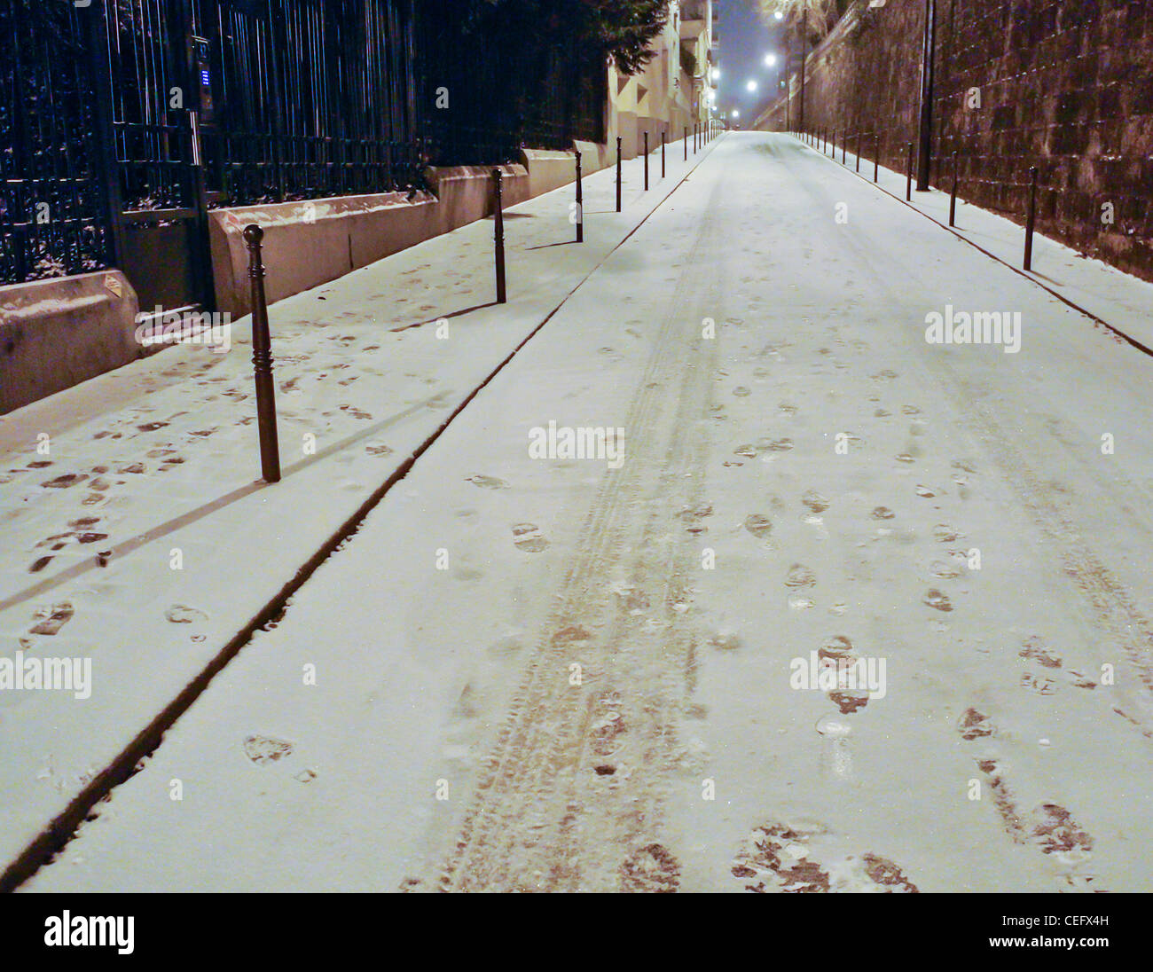 Paris, France, Empty Snowy Street Scene, at Night, Local Neighbourhoods ...