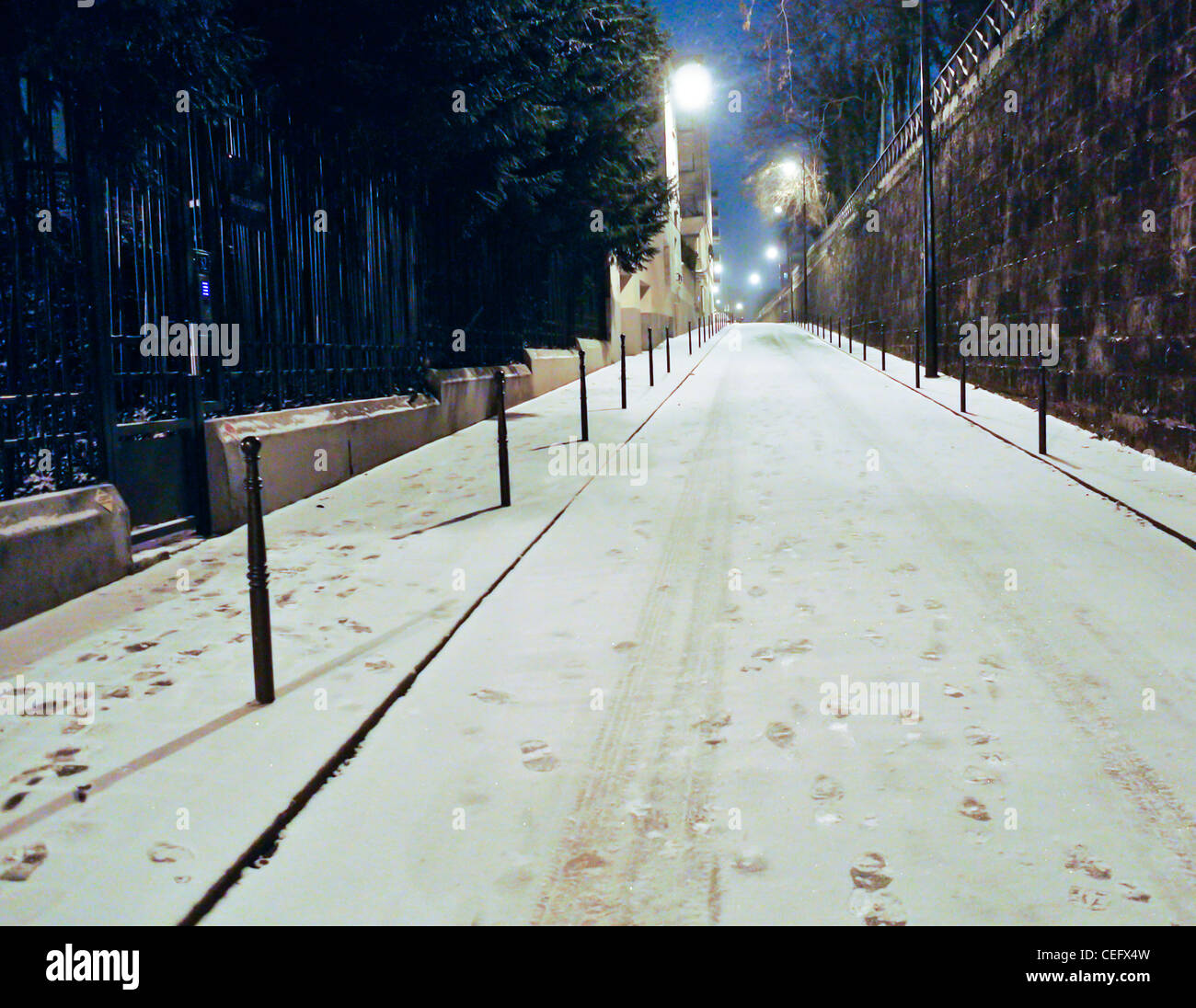 Paris, France, Snowy Empty, Winter Street Scene at Night, Local ...