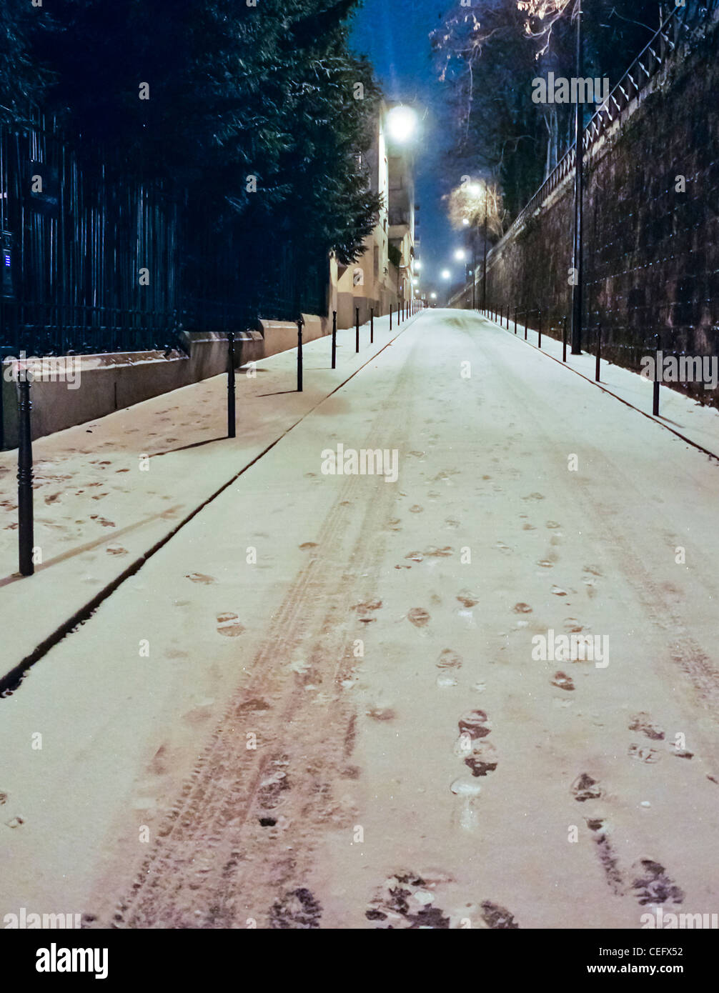 Paris, France, Empty Snowy Street Scene, at Night, Local neighbourhoods ...