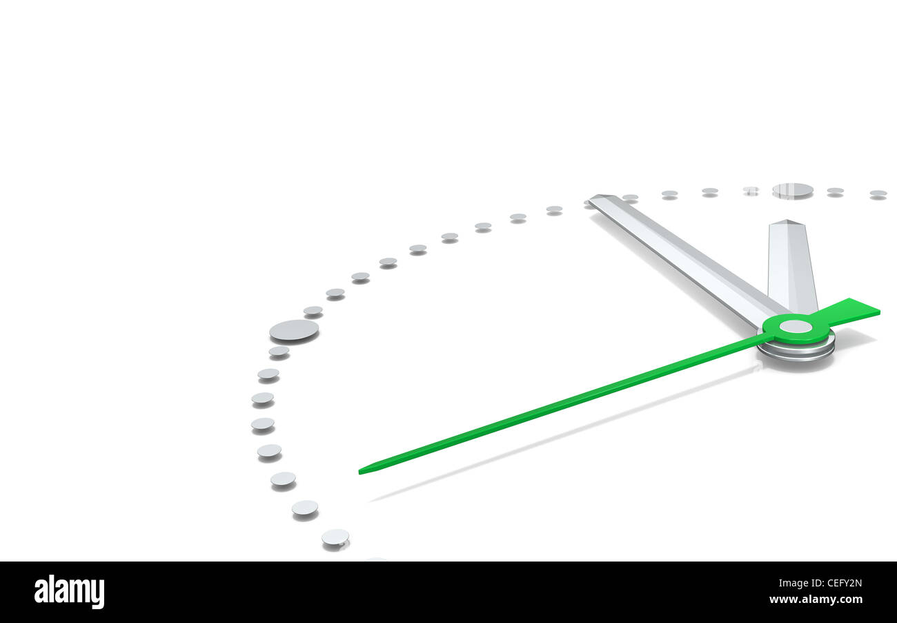 Perspective view of a clock with hands pointing at five to twelve ...