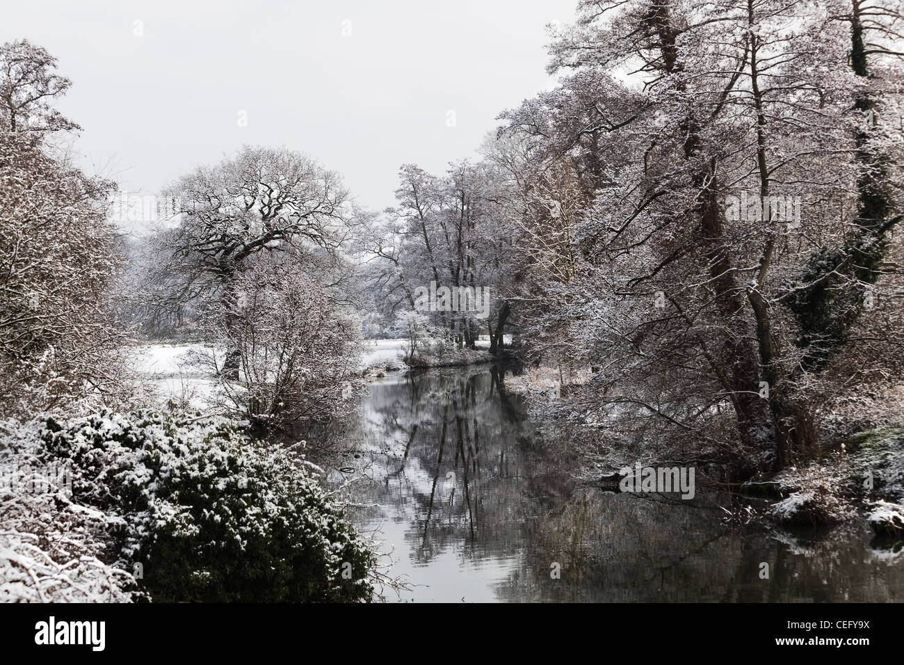 Winter landscape at Pyrford, Surrey, England, UK, with snow-covered ...