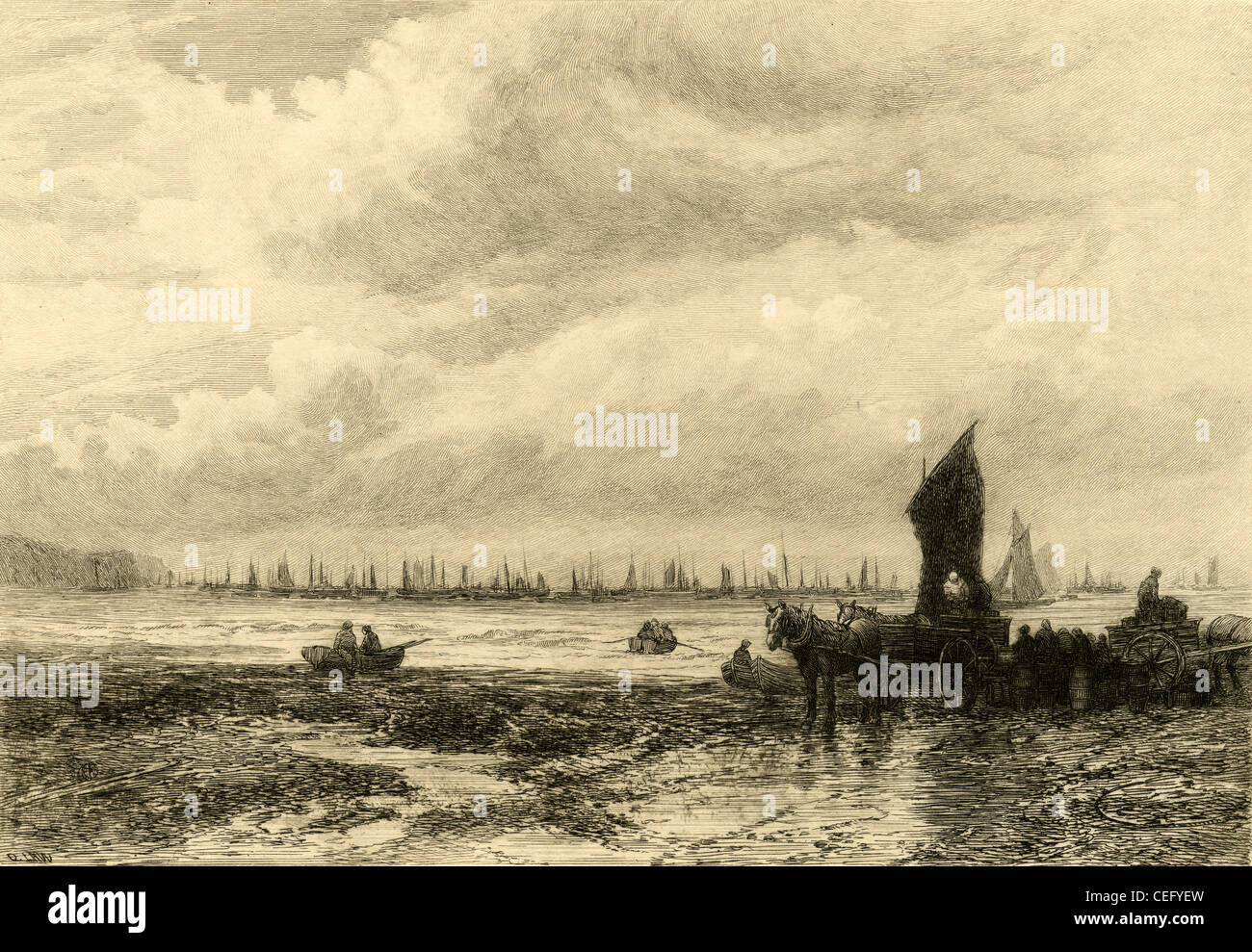 Circa 1880s engraving, Fishing Boats off Whitby, drawn and etched by ...