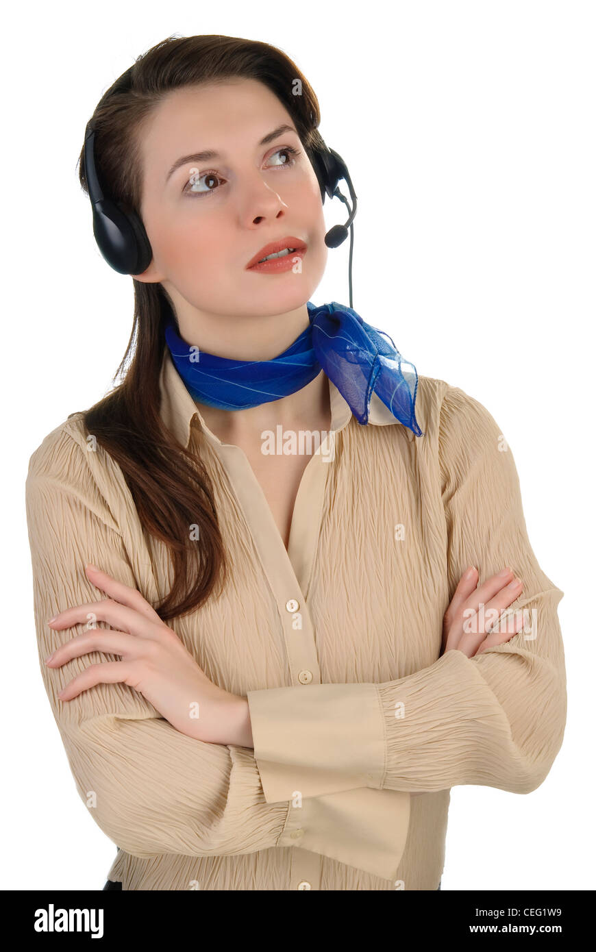 Young pretty girl speaking with headset. Isolated on white Stock Photo ...