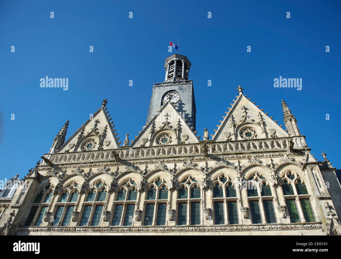 Flamboyant gothic facade of the town hall of St-Quentin in the Aisne ...