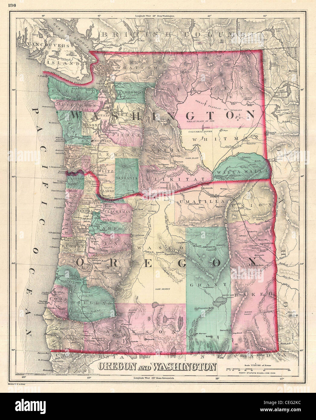 1875 Gray Map of Washington and Oregon Stock Photo - Alamy