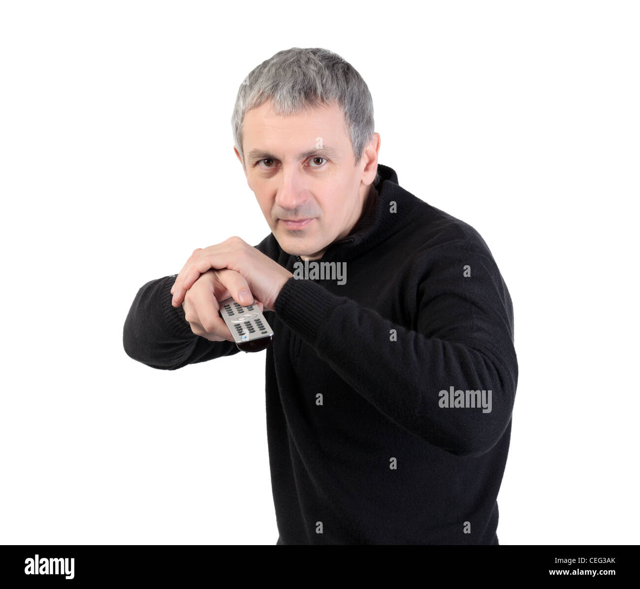 man changing channel with a remote control on white background Stock ...