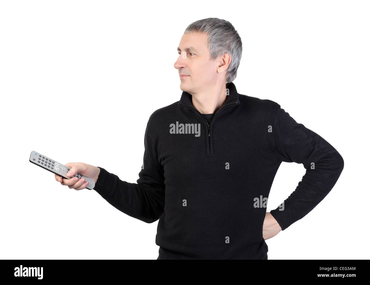 man changing channel with a remote control on white background Stock ...