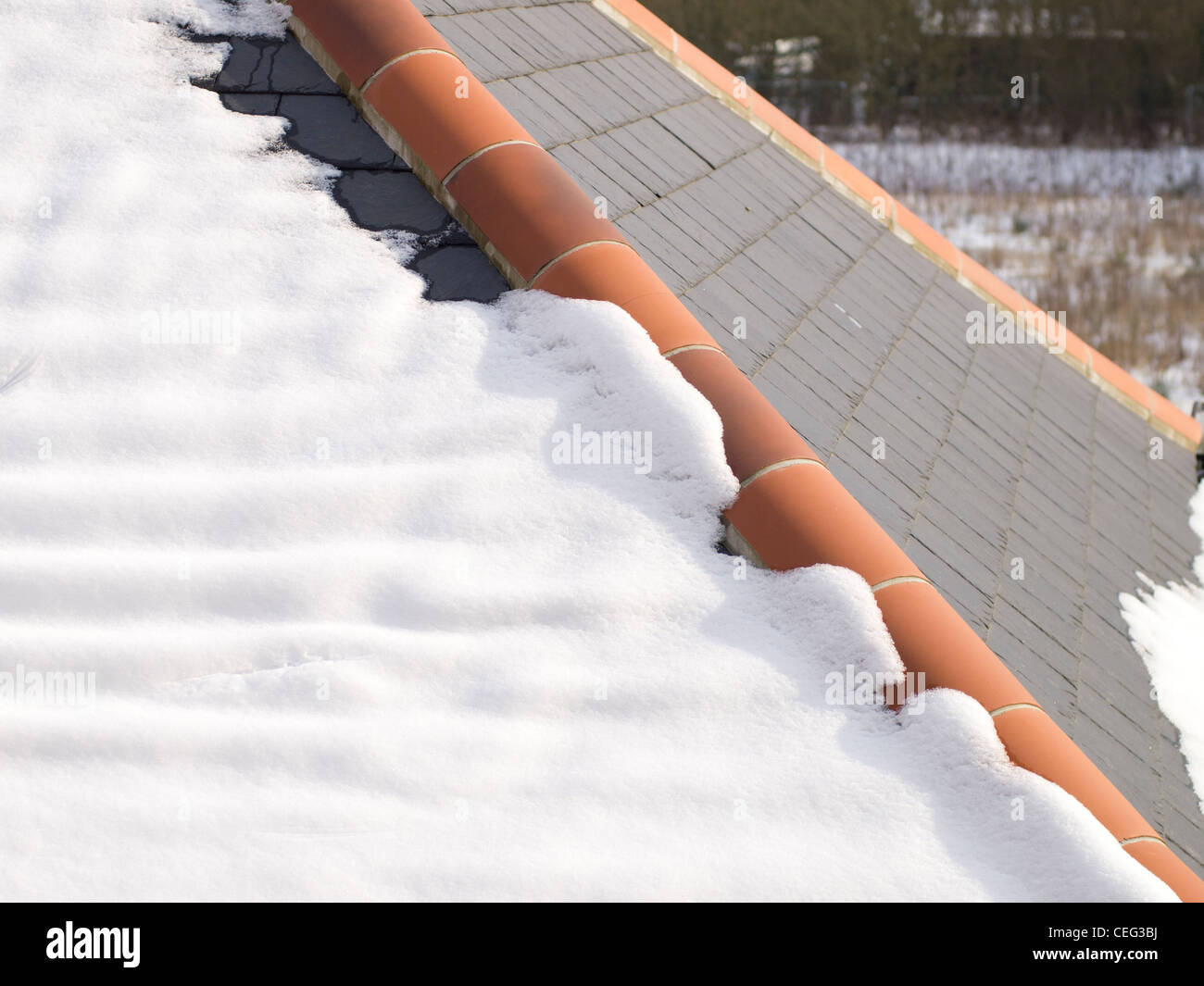 A light covering of melting snow on a rooftop Stock Photo - Alamy