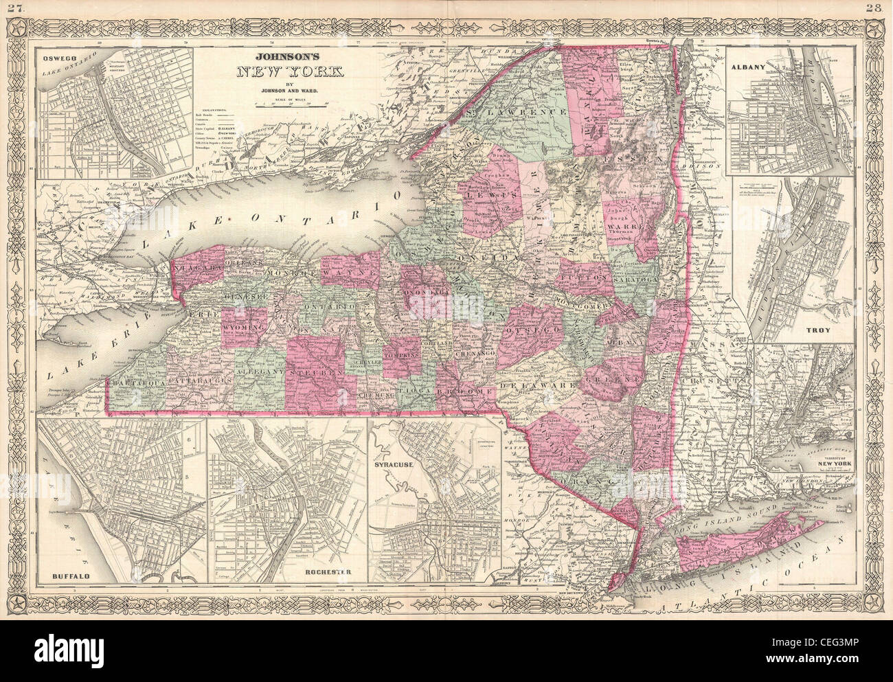 1864 Johnson Map of New York Stock Photo - Alamy