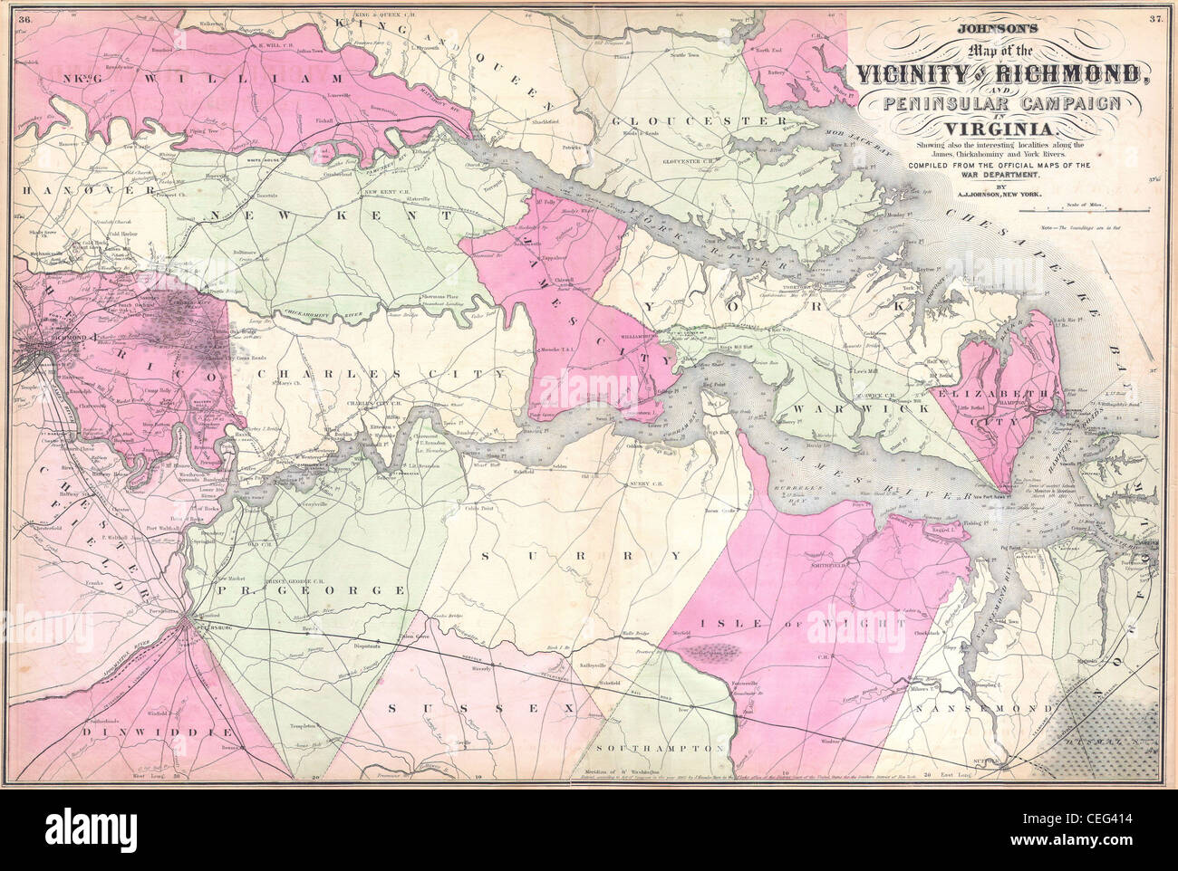 1862 Johnson's Map of The Vicinity Of Richmond and Peninsular Campaign ...