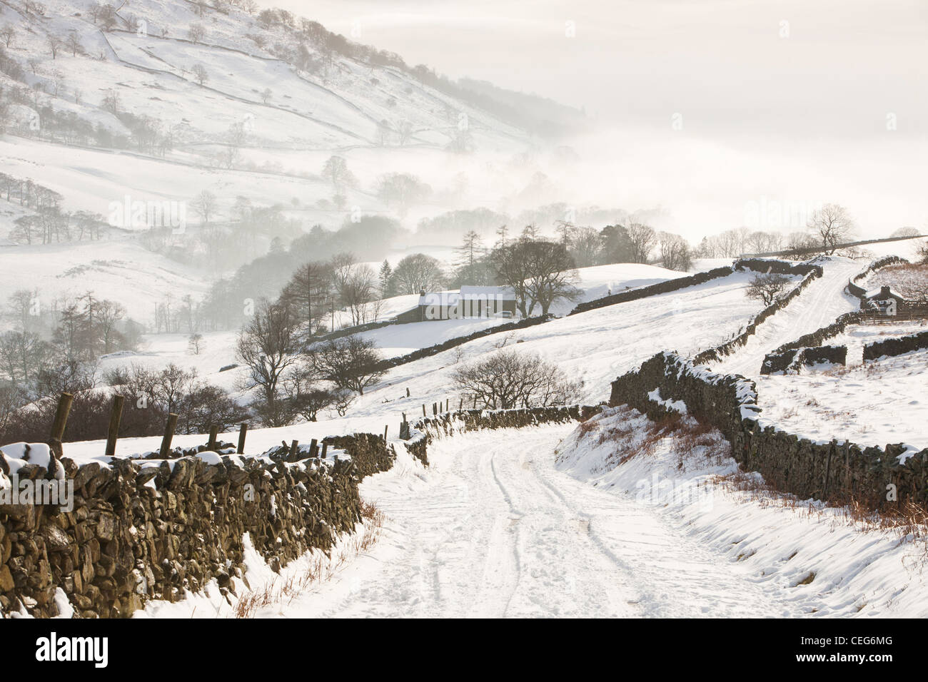 Kirkstone Pass snowed up in winter looking down towards Ambleside ...