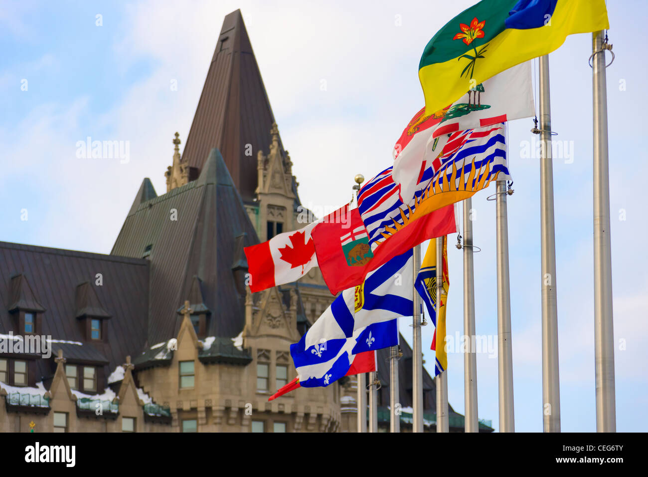 Flag poles with Fairmont Chateau Laurier Hotel, Ottawa, Canada Stock ...