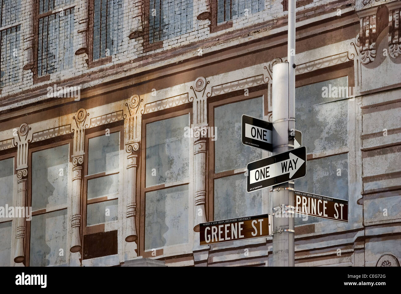 Greene St and Prince St One Way signs, Soho, New York City Stock Photo ...