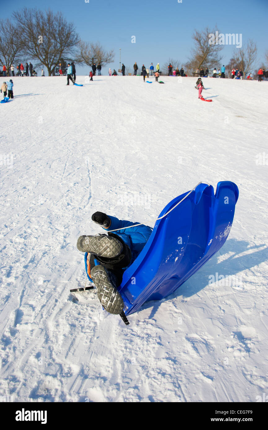 A child little boy sledding downhill winter Stock Photo - Alamy