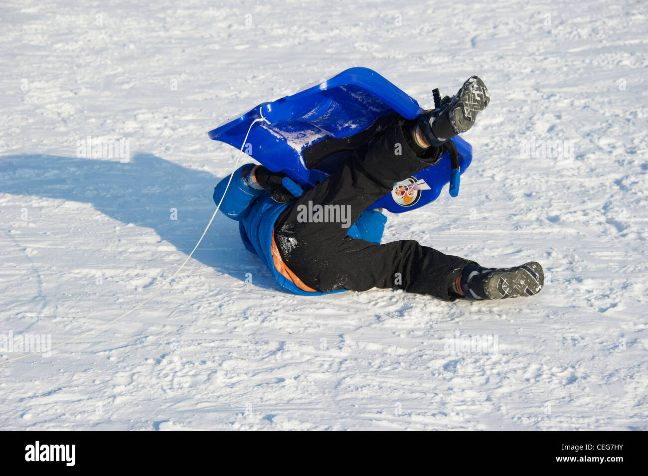 A child little boy sledding downhill winter Stock Photo - Alamy