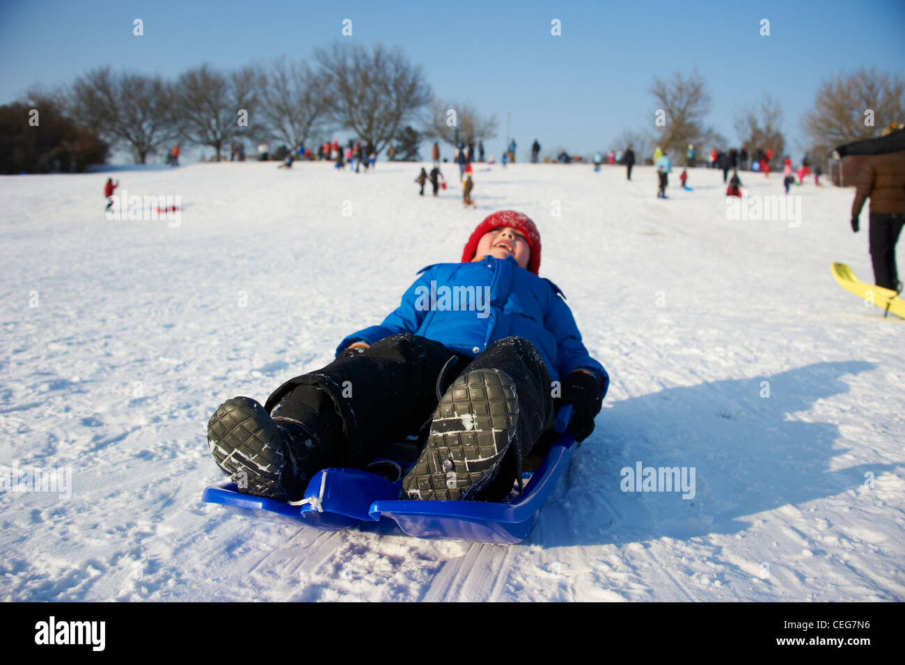 A child little boy sledding downhill winter Stock Photo - Alamy