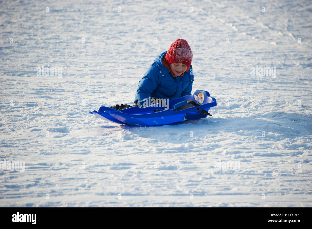 A child little boy sledding downhill winter Stock Photo - Alamy