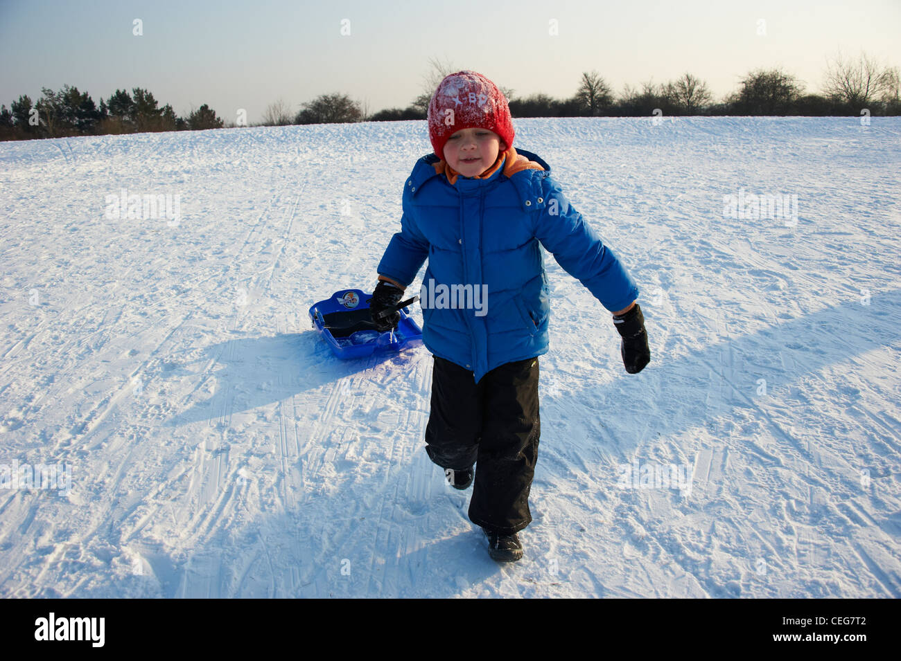 A child little boy sledding downhill winter Stock Photo - Alamy
